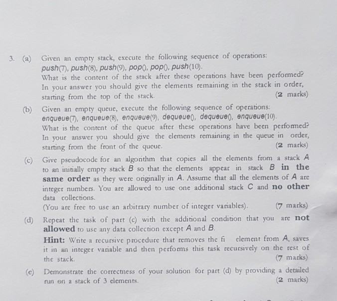 Solved 3. (a) Given an empty stack, execute the following | Chegg.com