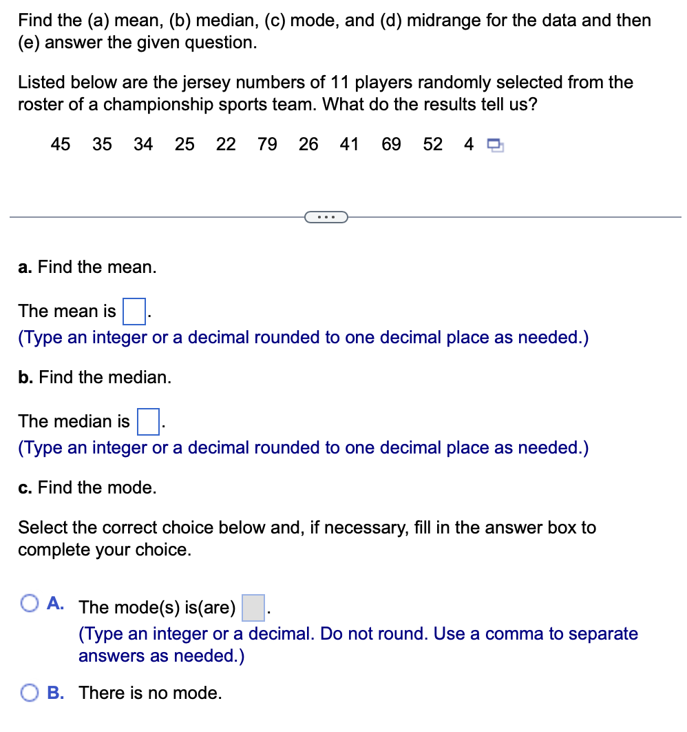 Solved Find the (a) mean, (b) median, (c) mode, and (d) | Chegg.com