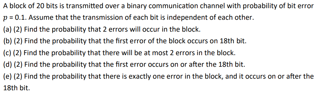 Solved A block of 20 bits is transmitted over a binary | Chegg.com