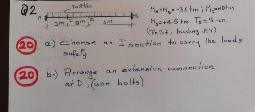 Solved A D 3 m 3m x om * Q2 9=3thm MA = M = -36tm; M =18tm | Chegg.com