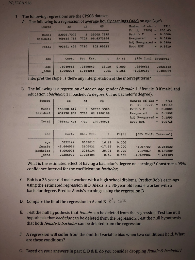 Solved The Following Regressions Use The Cps08 Dataset