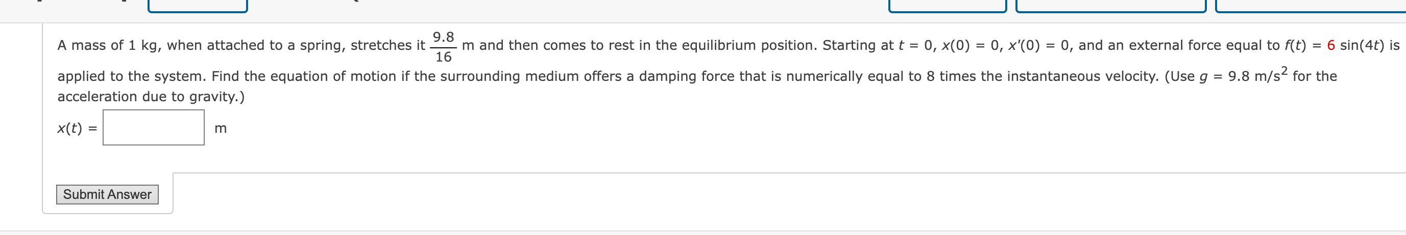 Solved acceleration due to gravity.) x(t)= | Chegg.com