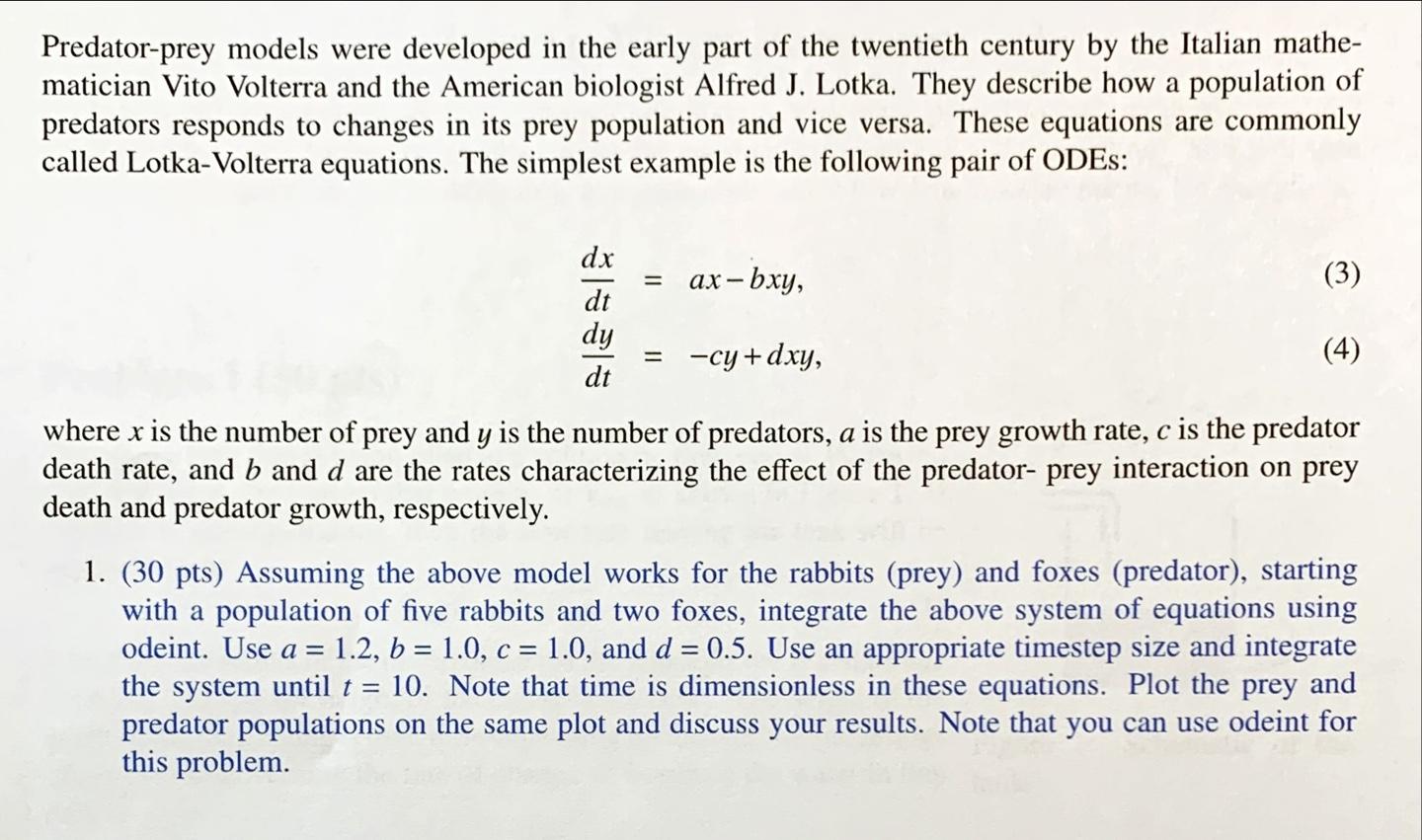 Solved Predator-prey models were developed in the early part | Chegg.com