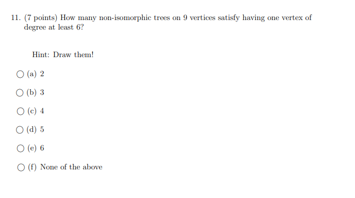 Solved 11. (7 points) How many non-isomorphic trees on 9 | Chegg.com