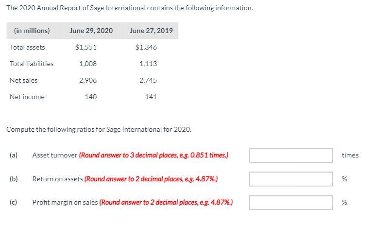 Solved The 2020 Annual Report of Sage International contains | Chegg.com