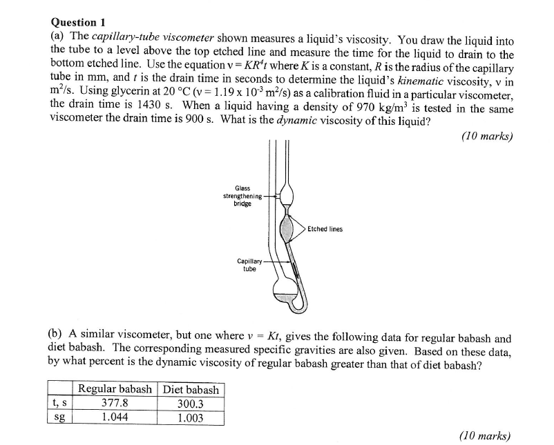 Solved Question 1 (a) The capillary-tube viscometer shown | Chegg.com