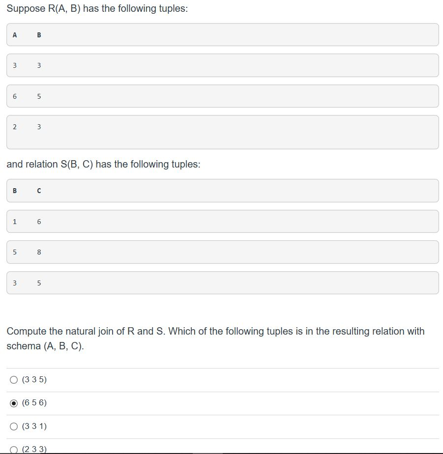Solved Suppose R(A, B) has the following tuples: A B 3 3 6 5 | Chegg.com