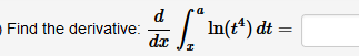 Solved Find the derivative: ddx∫xaln(t4)dt= | Chegg.com