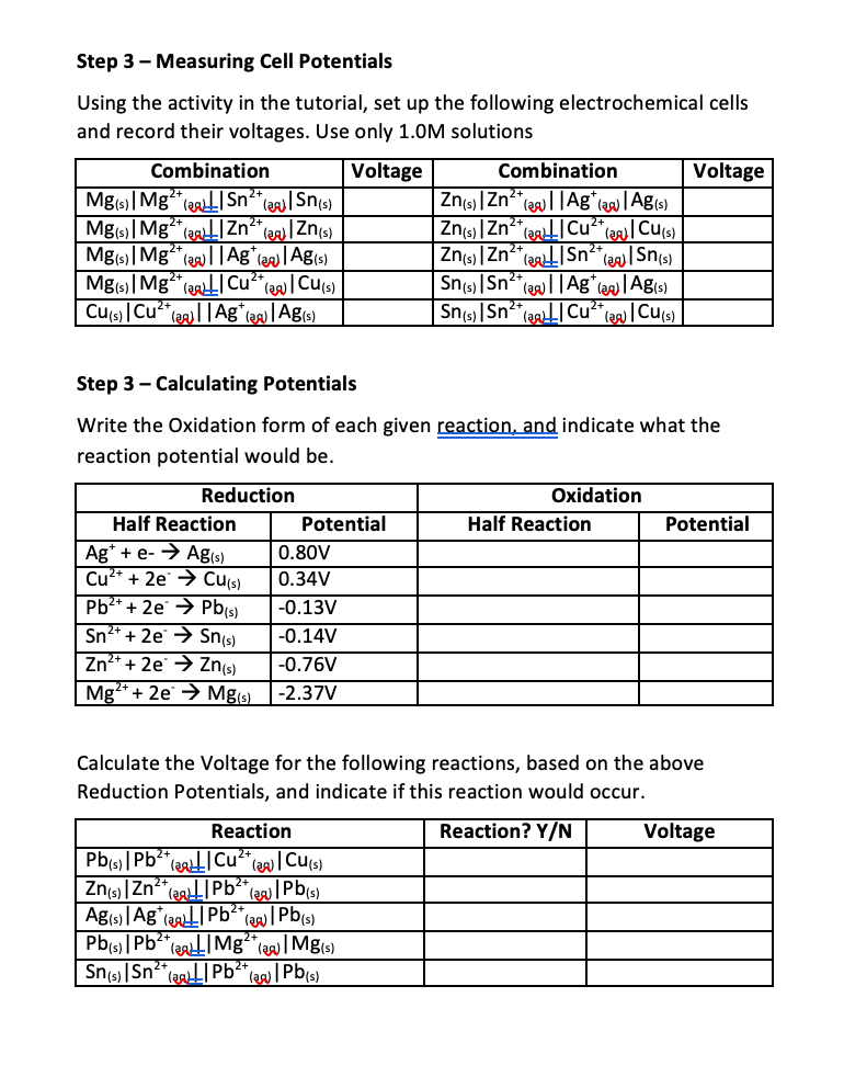 Solved Step 3 - Measuring Cell Potentials Using the activity | Chegg.com