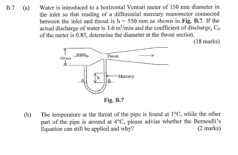 Solved B.7 (a) Water is introduced to a horizontal Venturi | Chegg.com