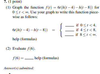 Solved (1) Graph the function f(t)=6t(h(t−4)−h(t−8)) for | Chegg.com