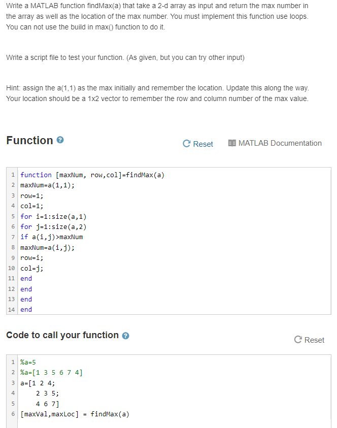 Solved Write A Matlab Function Findmaxa That Take A 2 D 0831