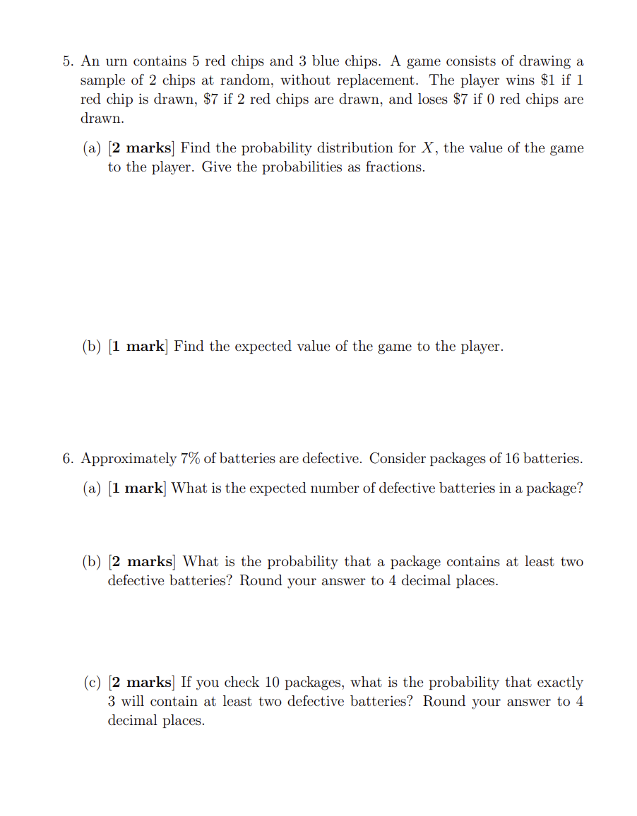 Solved 5. An urn contains 5 red chips and 3 blue chips. A | Chegg.com