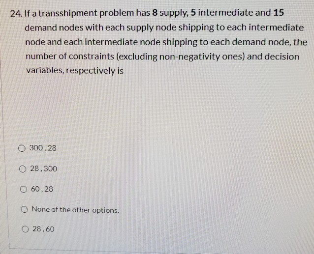 Solved 24. If a transshipment problem has 8 supply, 5 | Chegg.com