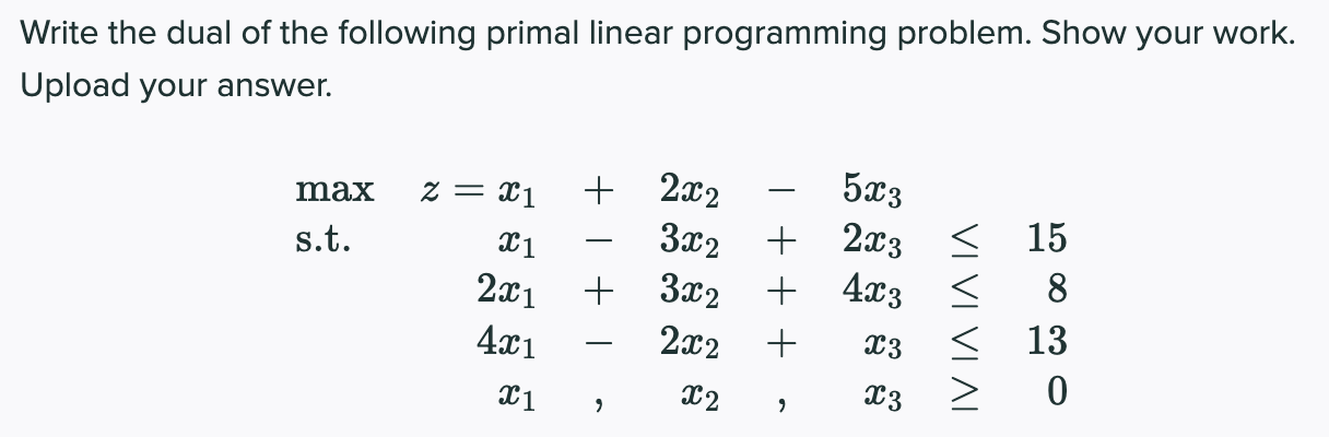 Solved Write The Dual Of The Following Primal Linear 2131