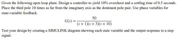 Solved Given the following open loop plant. Design a | Chegg.com