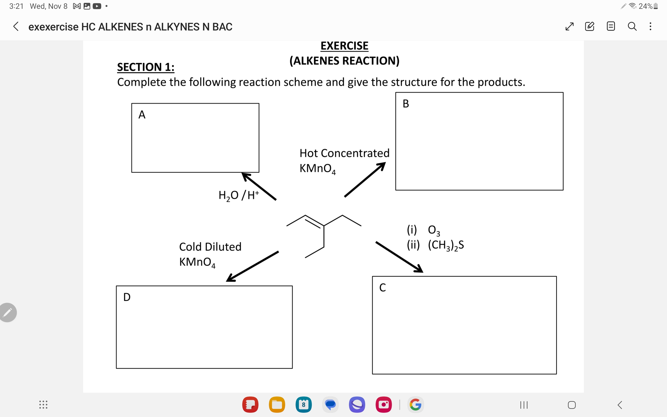 Solved EXERCISESECTION 1:(ALKENES REACTION)Complete the | Chegg.com