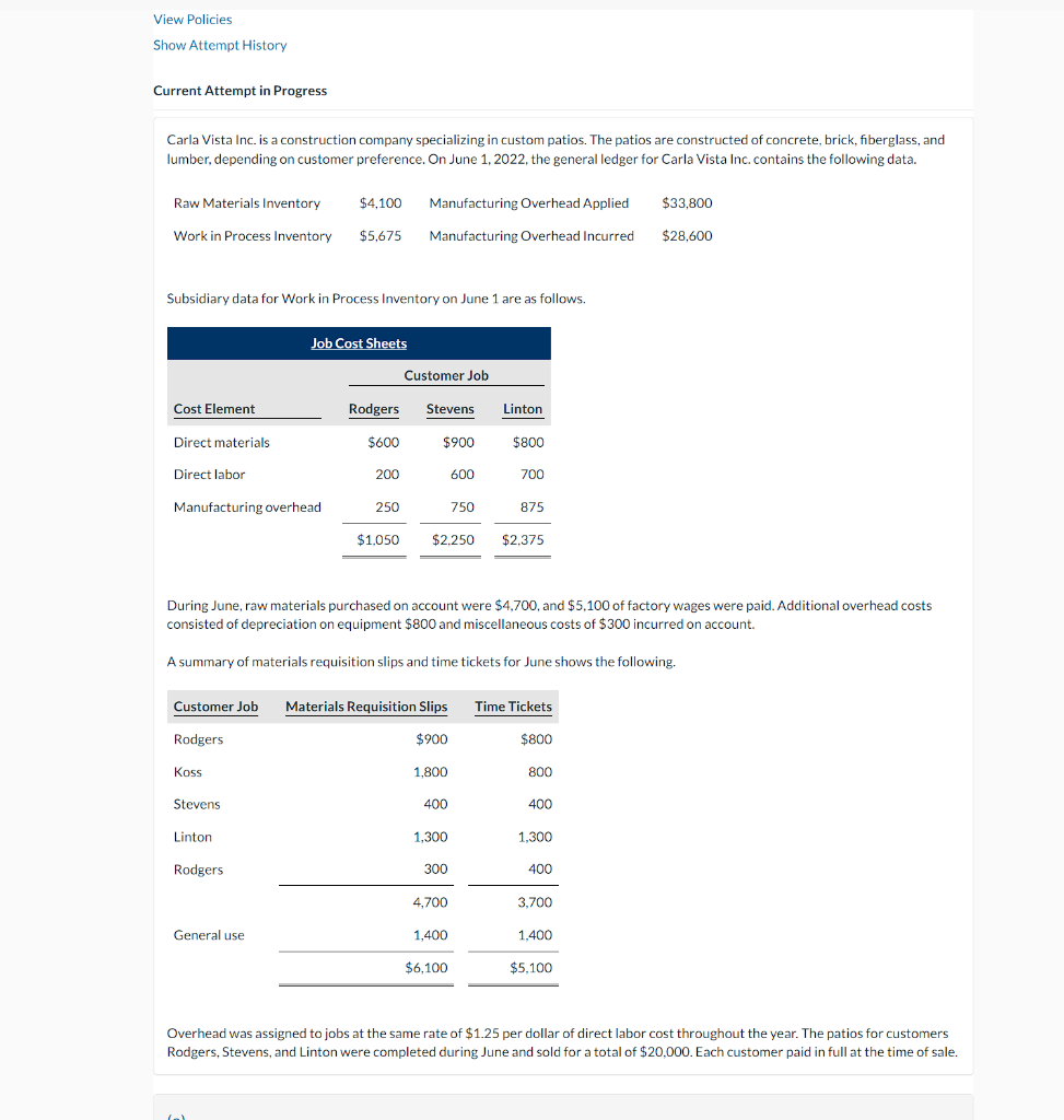 Solved Carla Vista Inc. is a construction company | Chegg.com