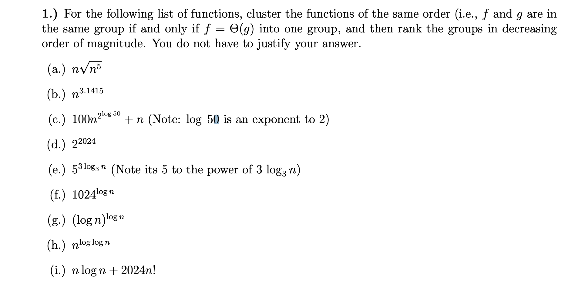 Solved 1.) For the following list of functions, cluster the | Chegg.com