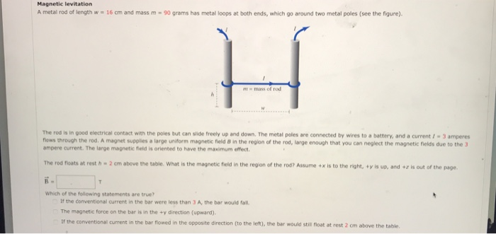 Solved ) Magnetic levitation A metal rod of length w 16 cm | Chegg.com