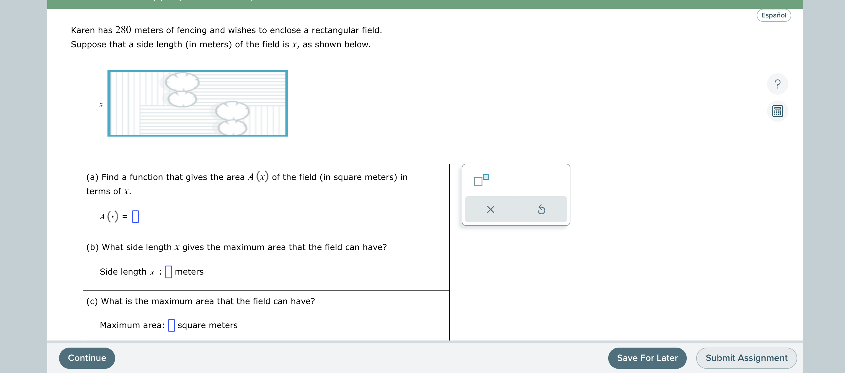 Solved Karen has 280 meters of fencing and wishes to enclose | Chegg.com