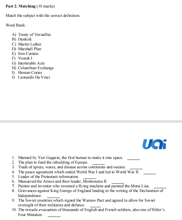 Solved Part 2. Matching (10 marks) Match the subject with | Chegg.com