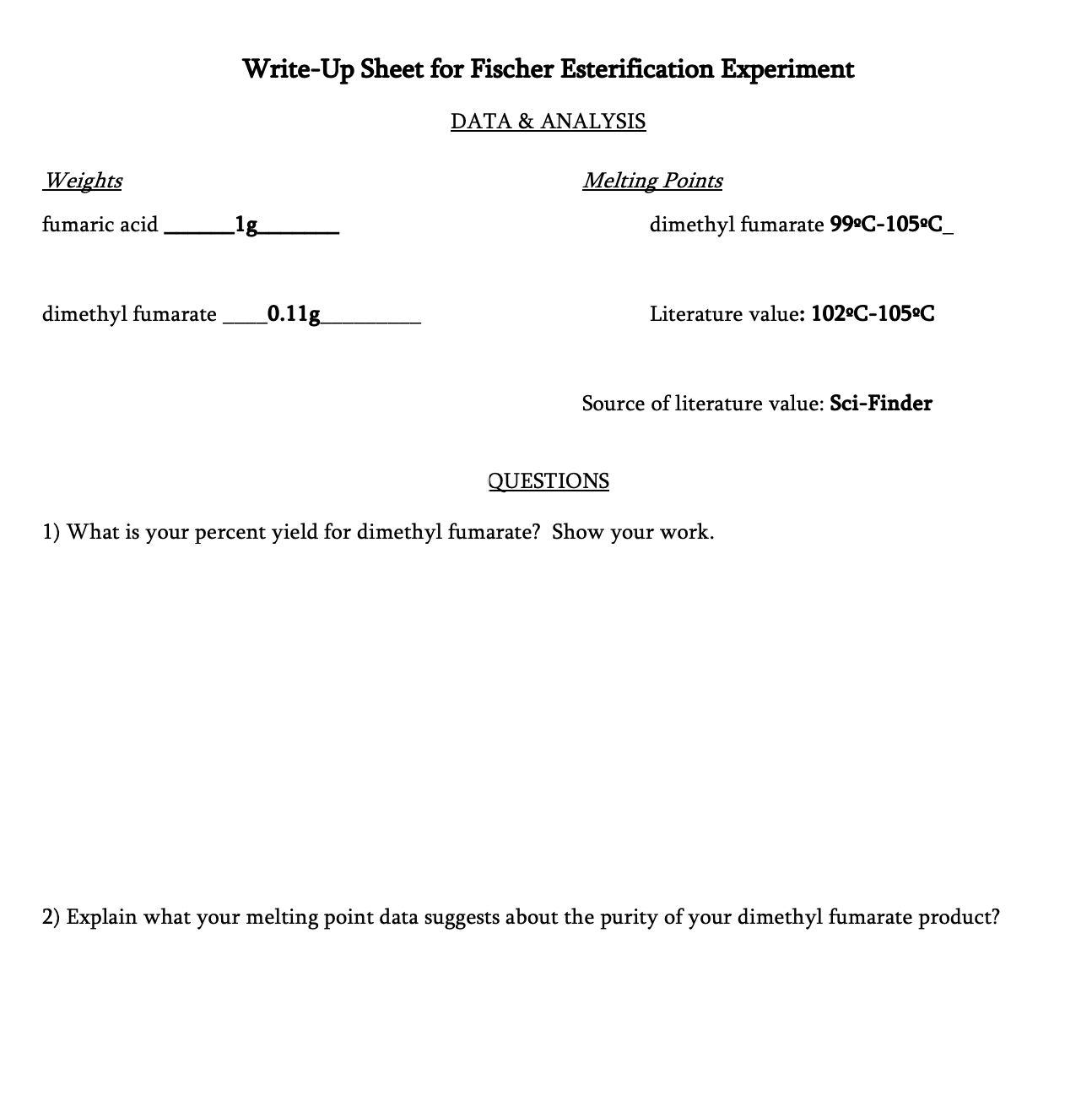 Solved Write-Up Sheet for Fischer Esterification | Chegg.com