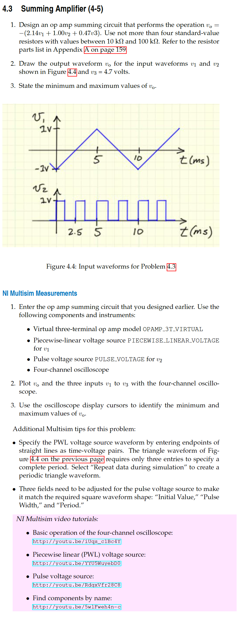 Solved 4.3 Summing Amplifier (4-5) 1. Design an op amp | Chegg.com