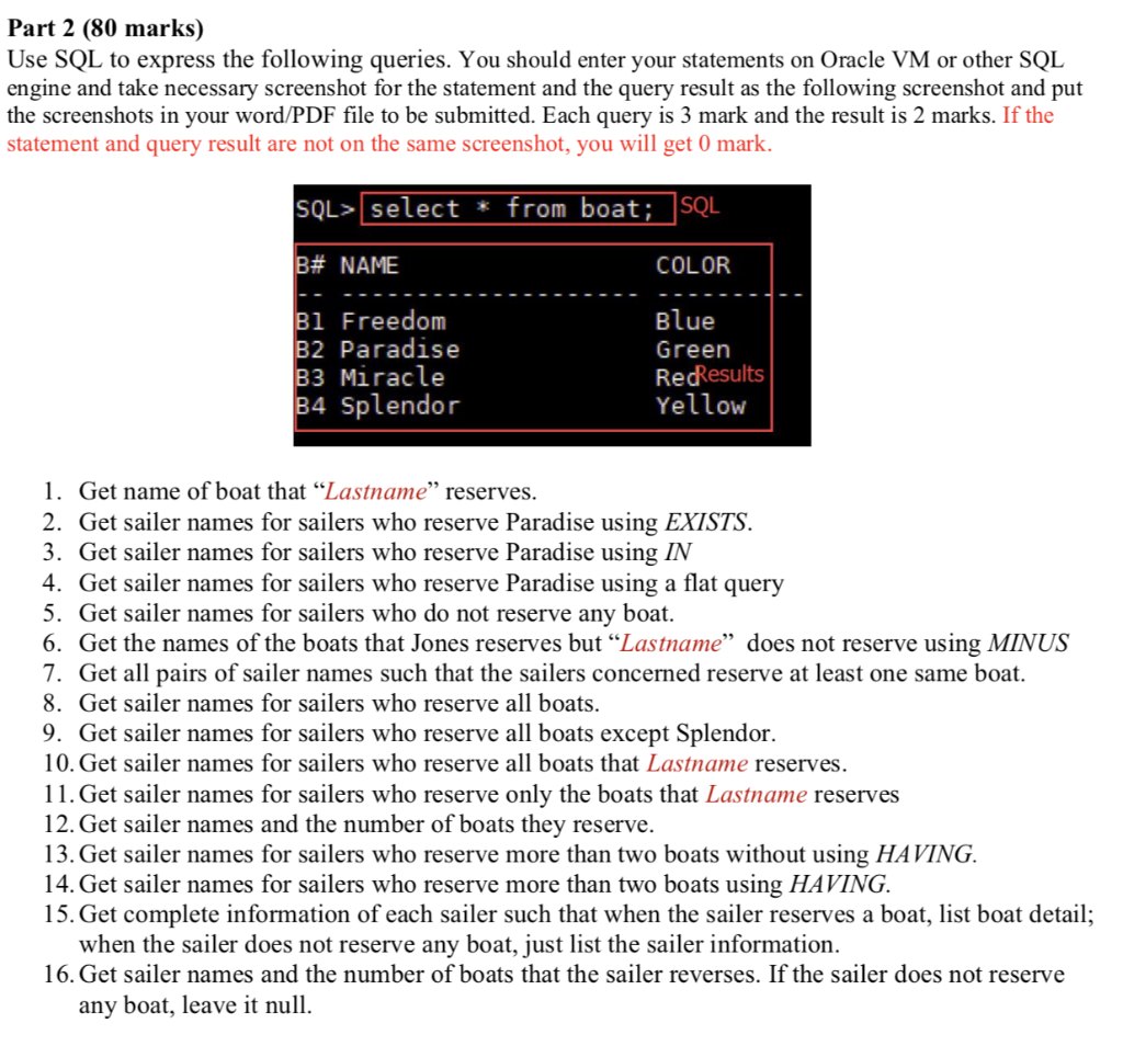 Part 2 (80 marks) Use SQL to express the following | Chegg.com