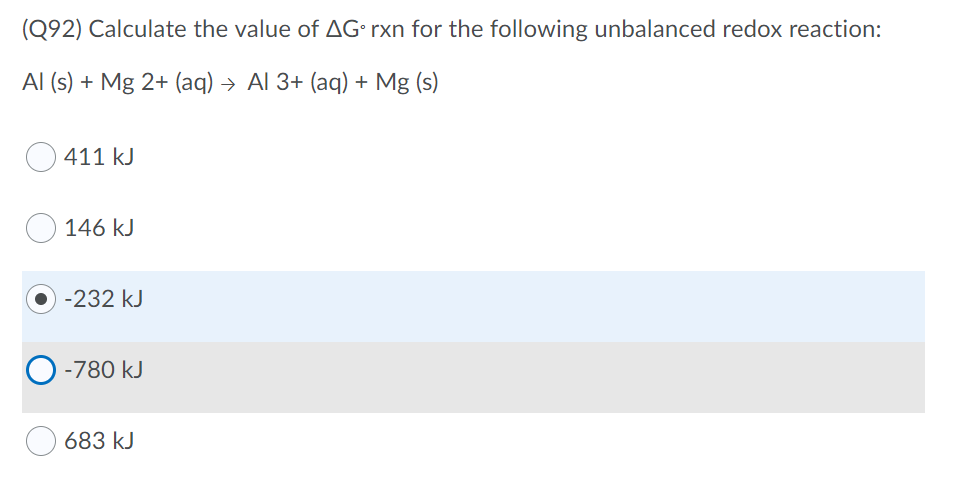 Solved (Q92) Calculate the value of AG° rxn for the | Chegg.com