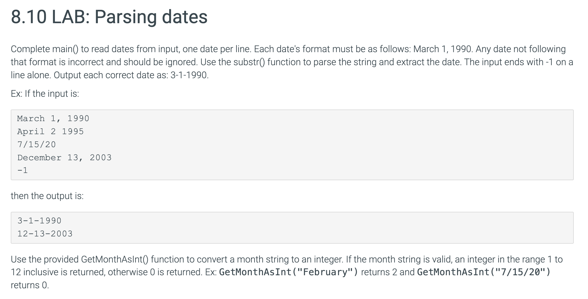 Solved 8.10 LAB: Parsing dates Complete main() to read dates | Chegg.com