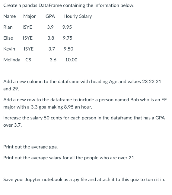 Solved Create a pandas DataFrame containing the information | Chegg.com