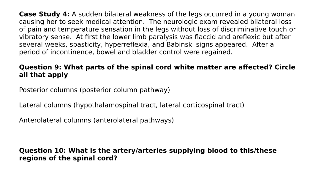 Solved Case Study 4: A sudden bilateral weakness of the legs | Chegg.com