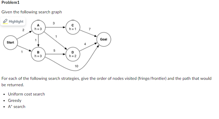 Solved Given the following search graph For each of the | Chegg.com