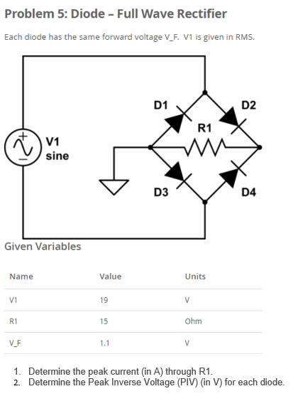 Solved Problem 5: Diode - Full Wave Rectifier Each diode has | Chegg.com