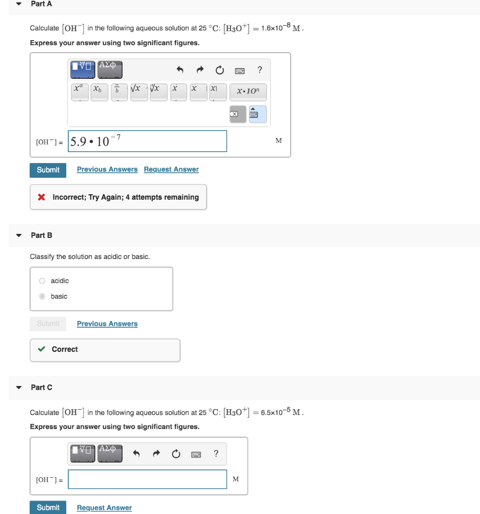 Solved Part A Calculate (OH) in the following aqueous | Chegg.com
