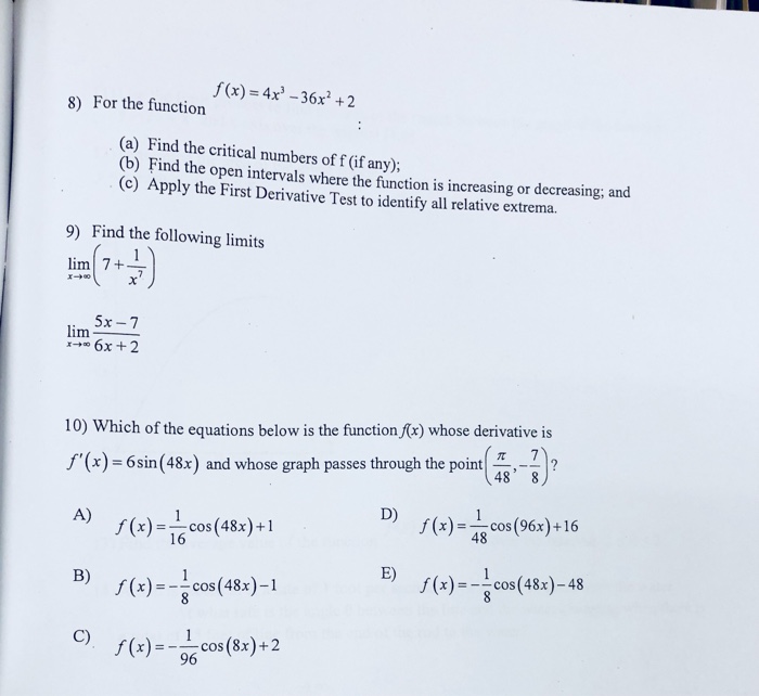 Solved f(x)= 4x3-36x2 +2 8) For the function (a) Find the | Chegg.com