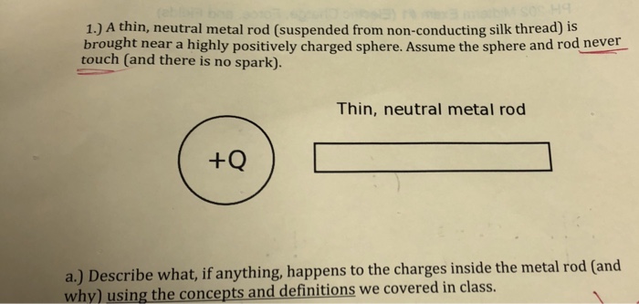 Solved 1.) A thin, neutral metal rod (suspended from | Chegg.com