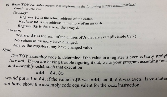 s) Write TOY AL subprogram that implements the | Chegg.com