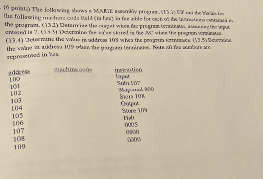 Solved (6 points) The following shows a MARIE assembly | Chegg.com