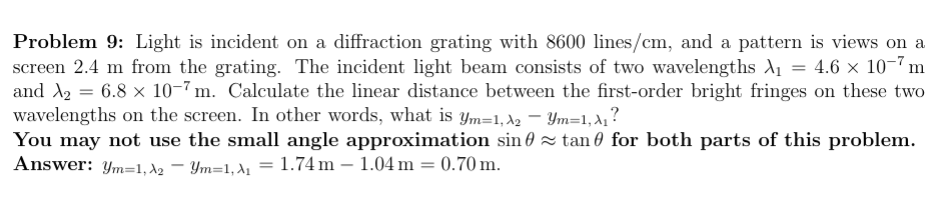 Solved Problem 9: Light is incident on a diffraction grating | Chegg.com
