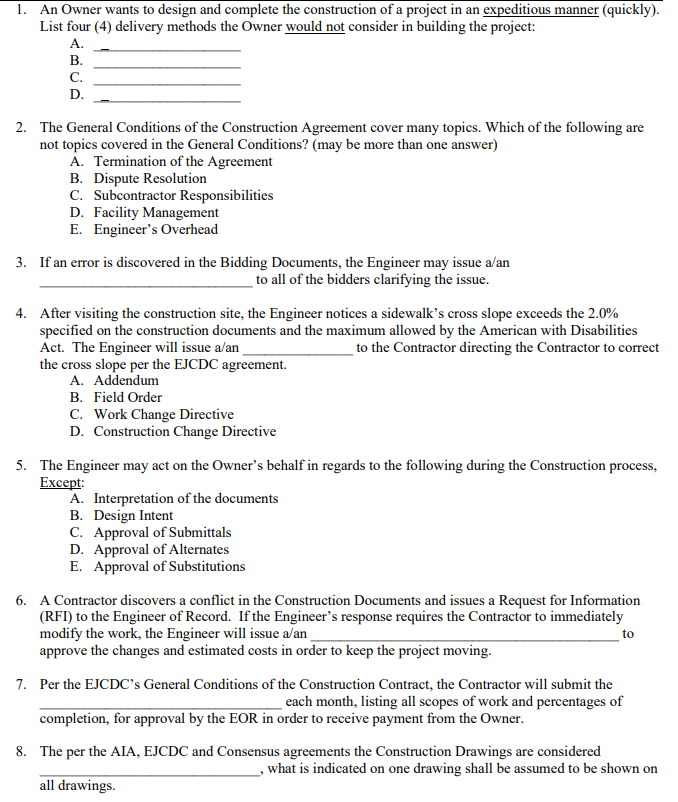 Solved 1. An Owner wants to design and complete the | Chegg.com