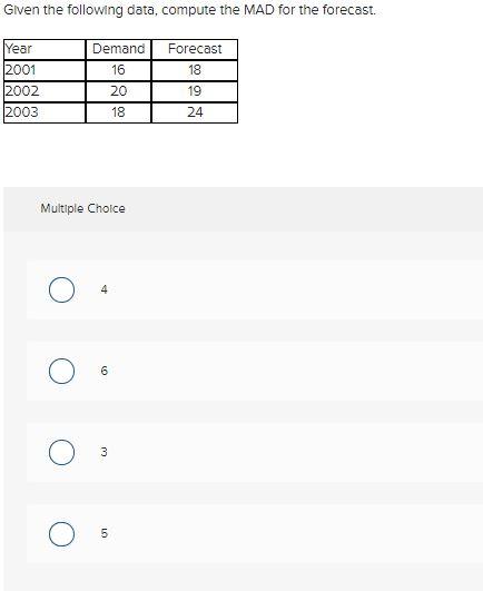Solved Given the following data, compute the MAD for the | Chegg.com