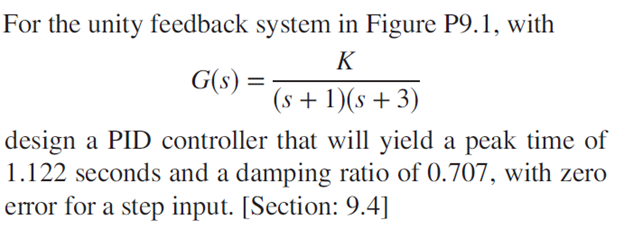 Solved For the unity feedback system in Figure P9.1, with | Chegg.com
