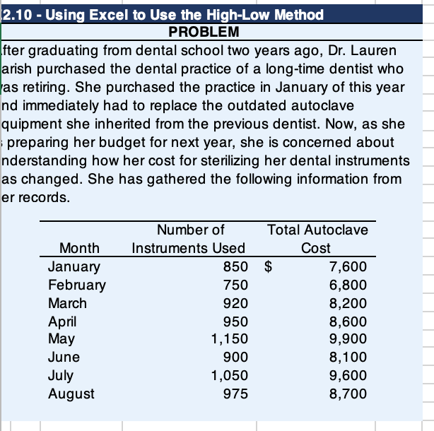 Solved 2.10 - Using Excel to Use the High-Low Method PROBLEM | Chegg.com