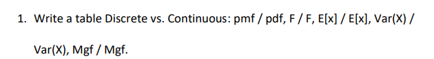Solved 1. Write a table Discrete vs. Continuous: pmf/pdf, | Chegg.com