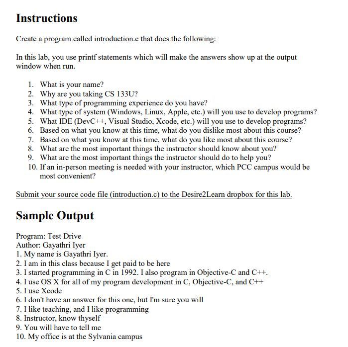 Solved Instructions Create a program called introduction.c | Chegg.com