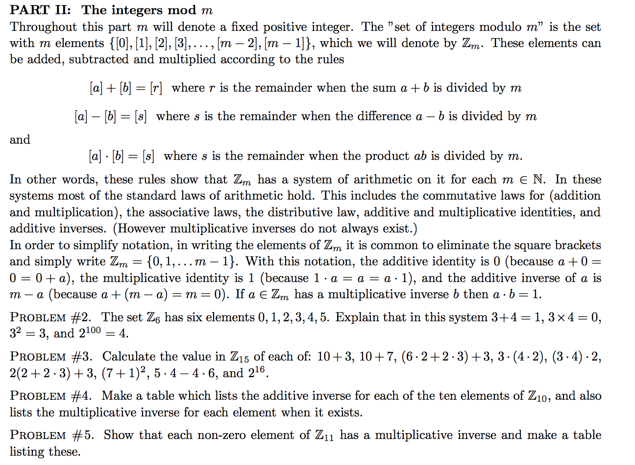 Solved PART II: The integers mod m Throughout this part m | Chegg.com