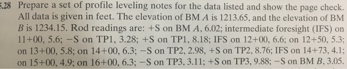 Solved 3.28 Prepare a set of profile leveling notes for the | Chegg.com