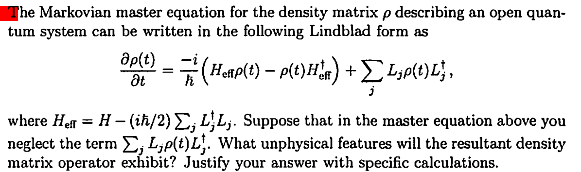 The Markovian master equation for the density matrix | Chegg.com